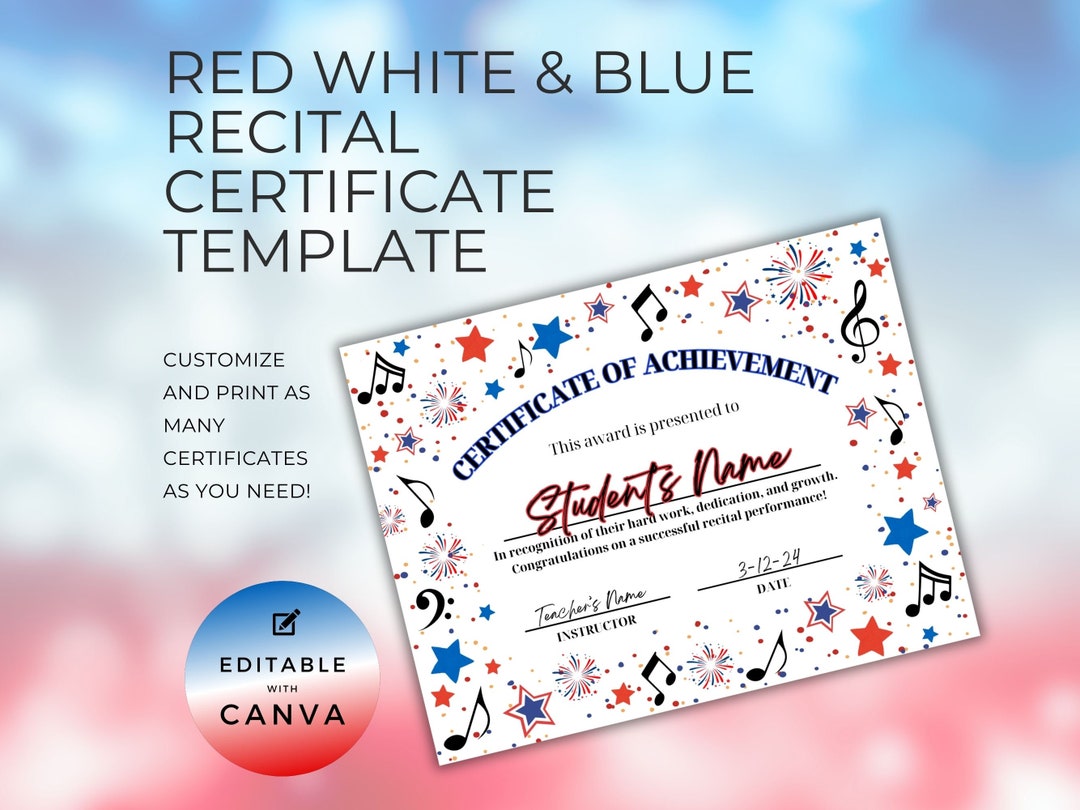 Red White & Blue Recital Certificate, Stars and Fireworks, Patriotic ...