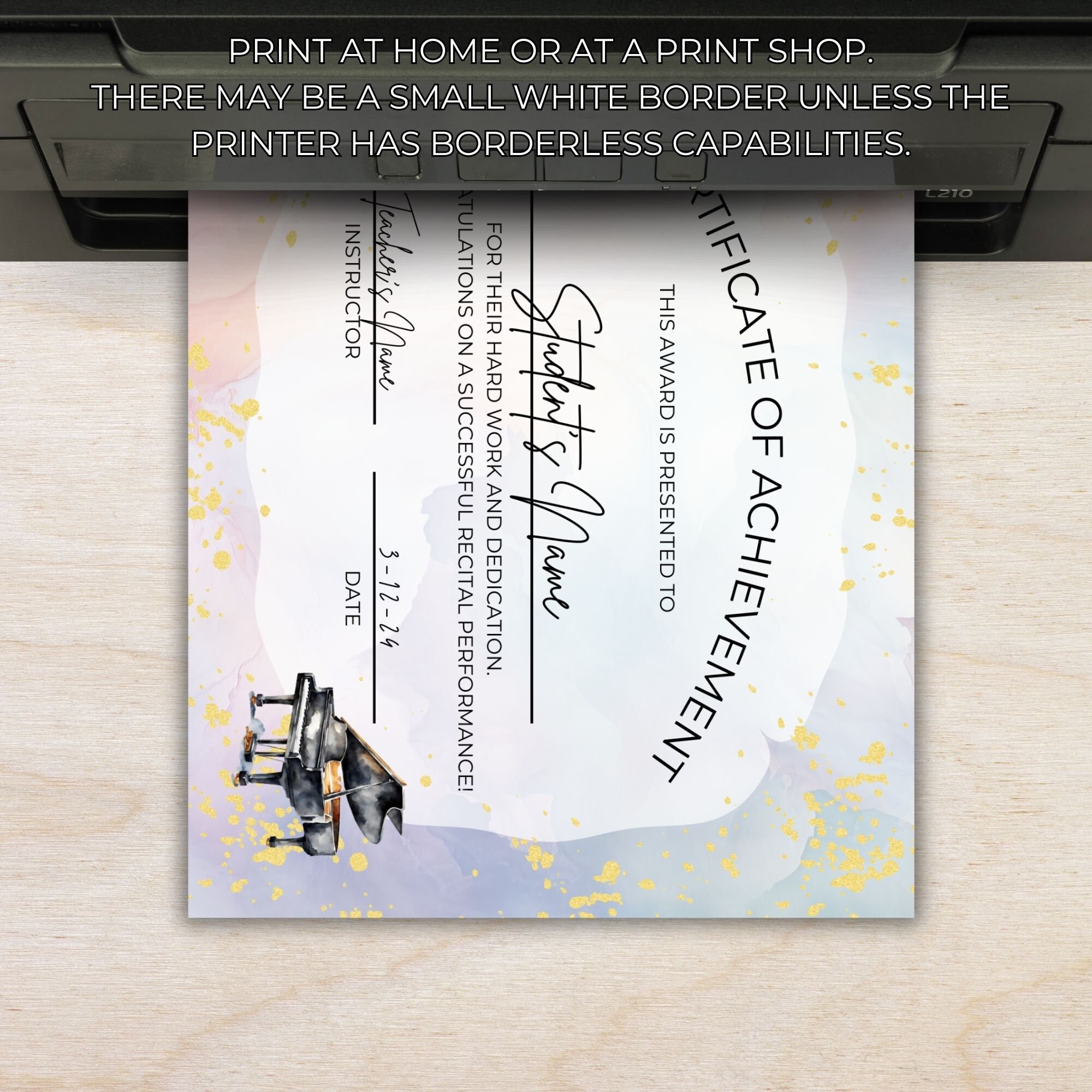 Music Recital Certificate, Piano Student Achievement Award, Editable ...