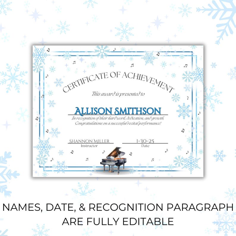 Piano Recital Certificate Template, Holiday Snowflake Design for Winter ...
