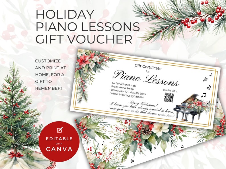 Christmas Piano Lessons Gift Voucher Template, Editable in Canva ...