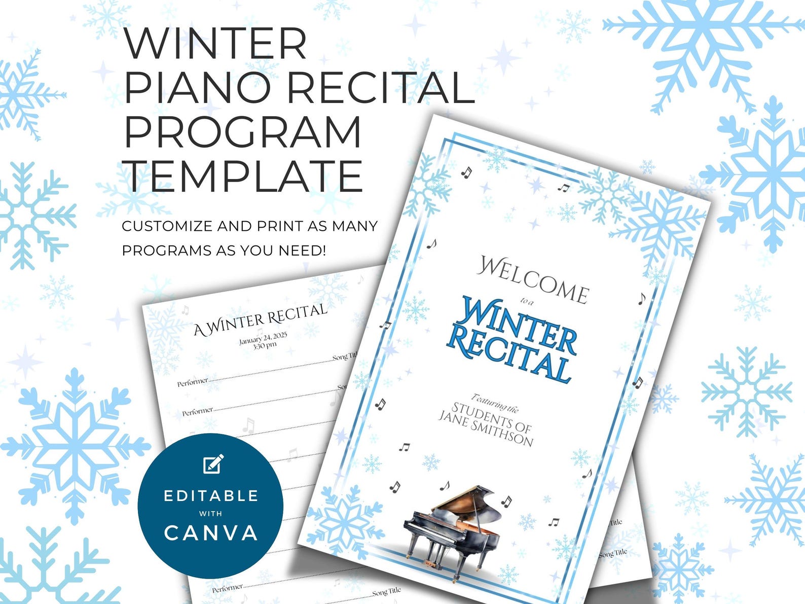 Piano Recital Program for Winter, Double Sided Folding Card, Canva Template, Festive Holiday ...