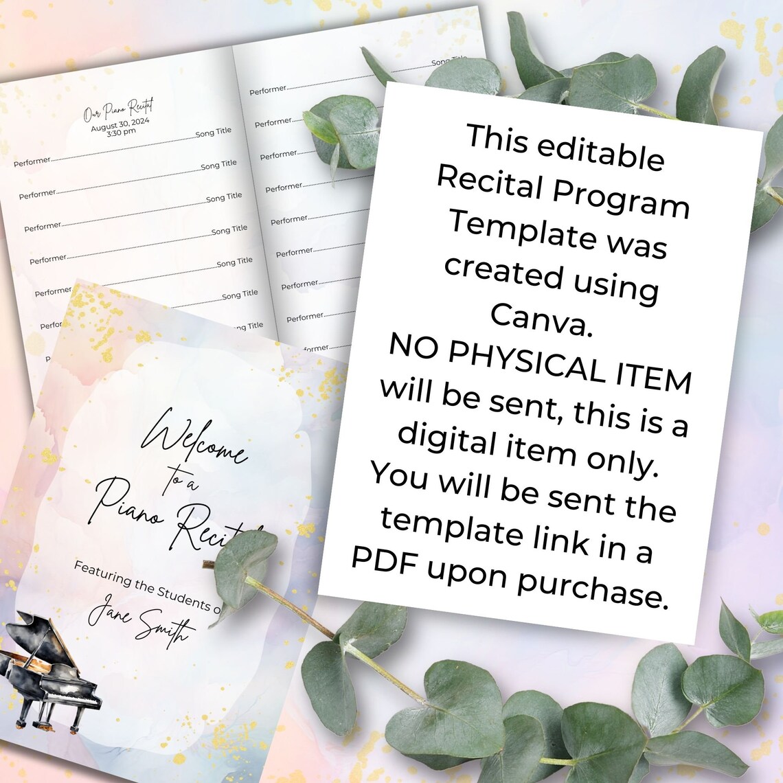 Piano Recital Program Template, Music Teacher Resource, for Performance ...