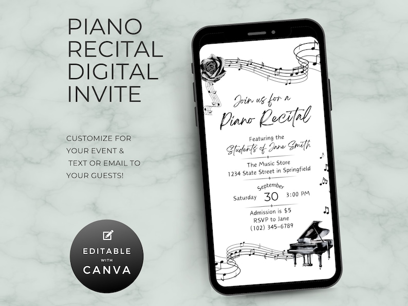 Invitación digital de recital de piano, texto o correo electrónico ...