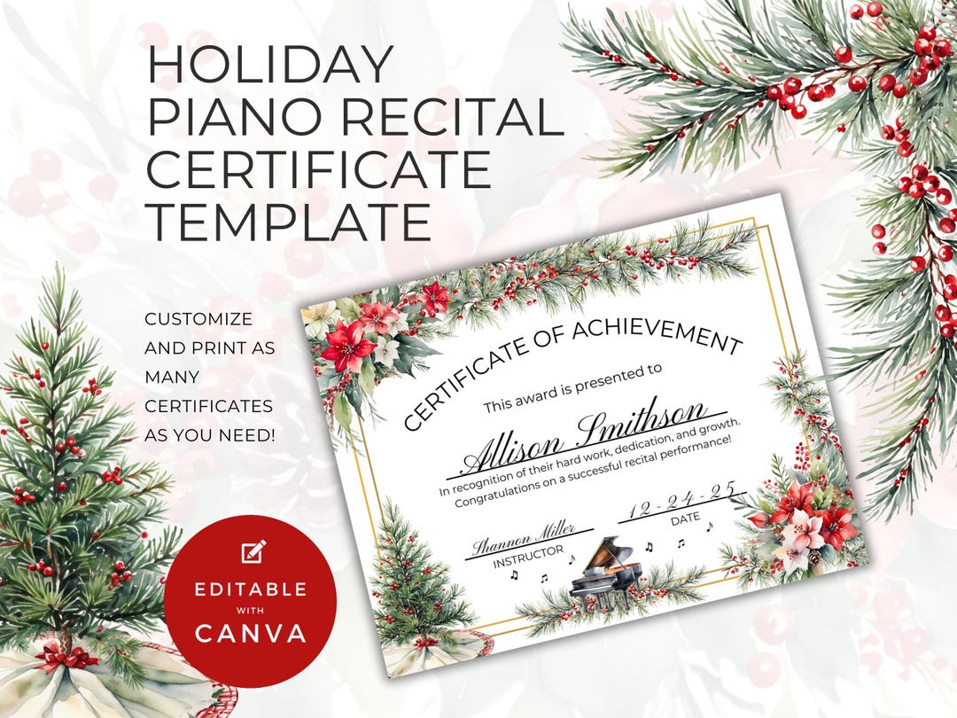 Piano Recital Certificate Christmas Template, Holiday Xmas Tree, for ...