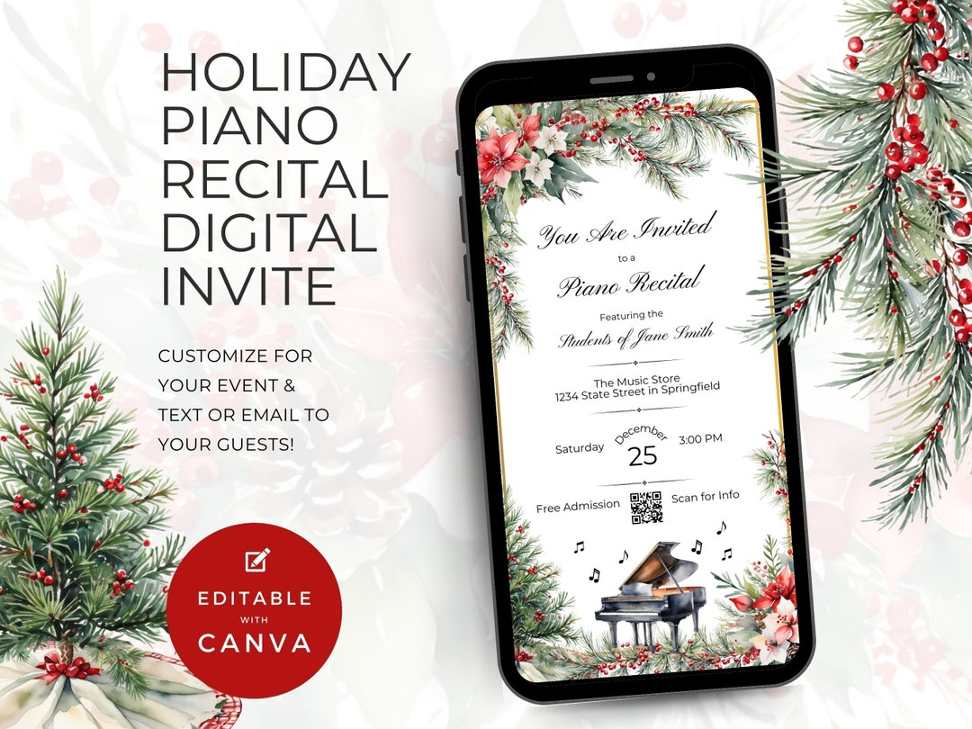 Piano Recital Digital Invitation, for Christmas Xmas, Winter Holiday ...