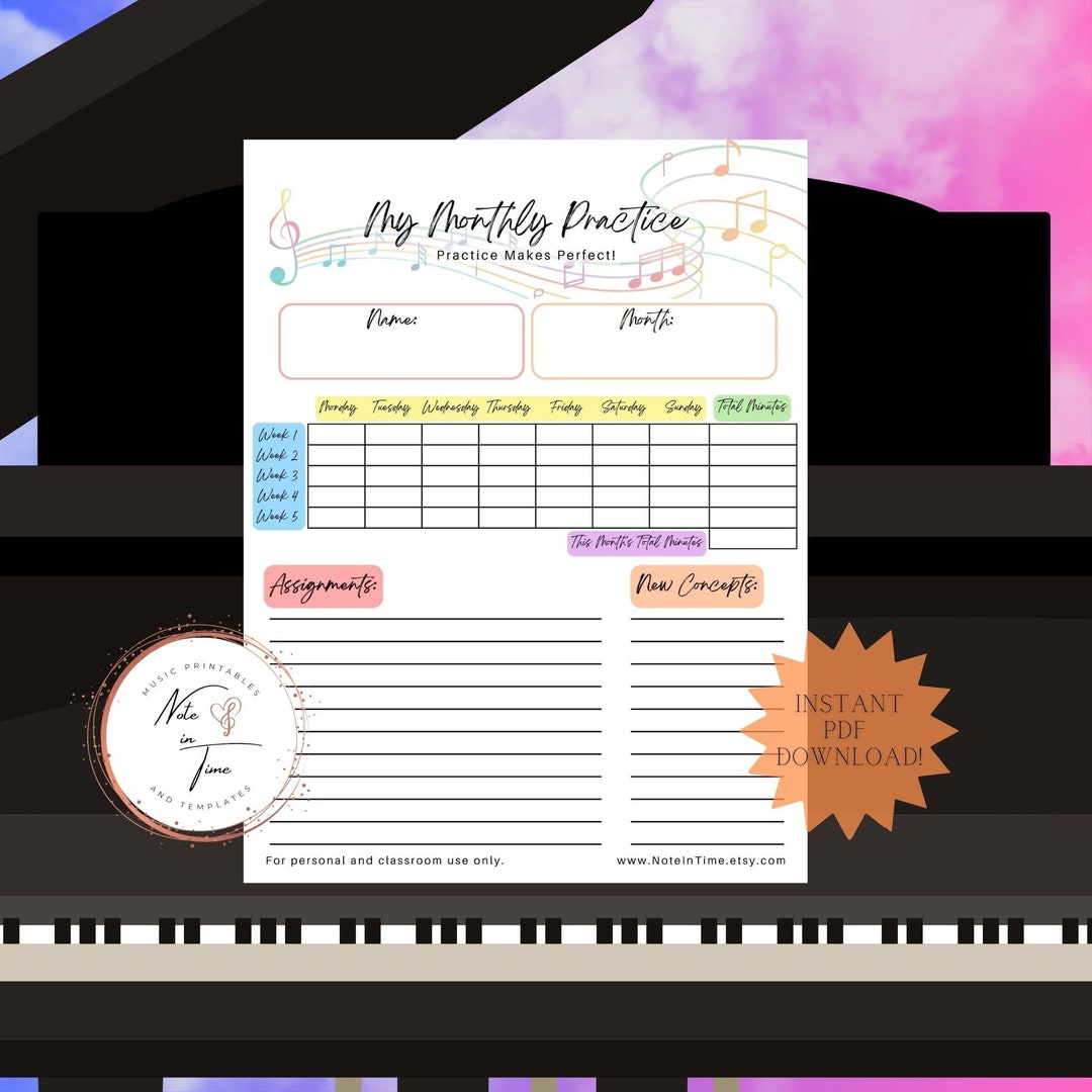 Music Practice Chart, Monthly Practice Minutes, for Piano, Orchestra or ...