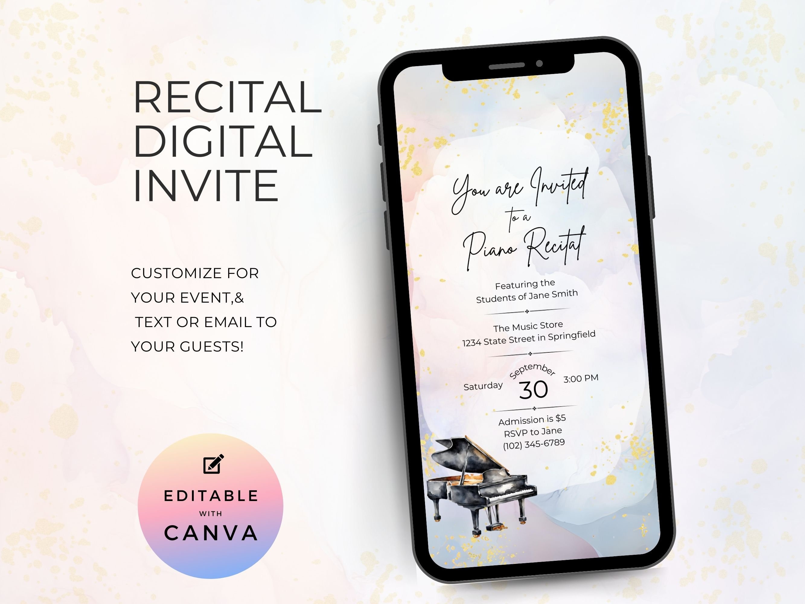 Piano Recital Digital Invitation, Text or Email, Editable Canva ...