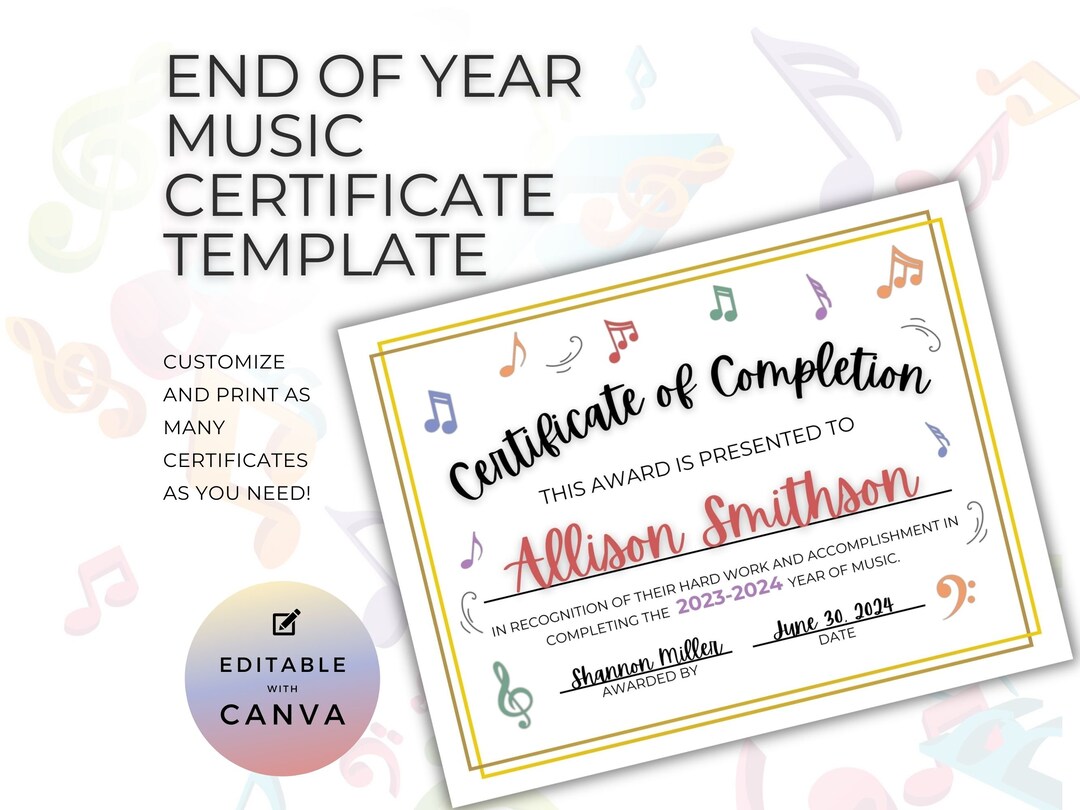 End of Year Music Certificate, Student Completion Achievement Award ...