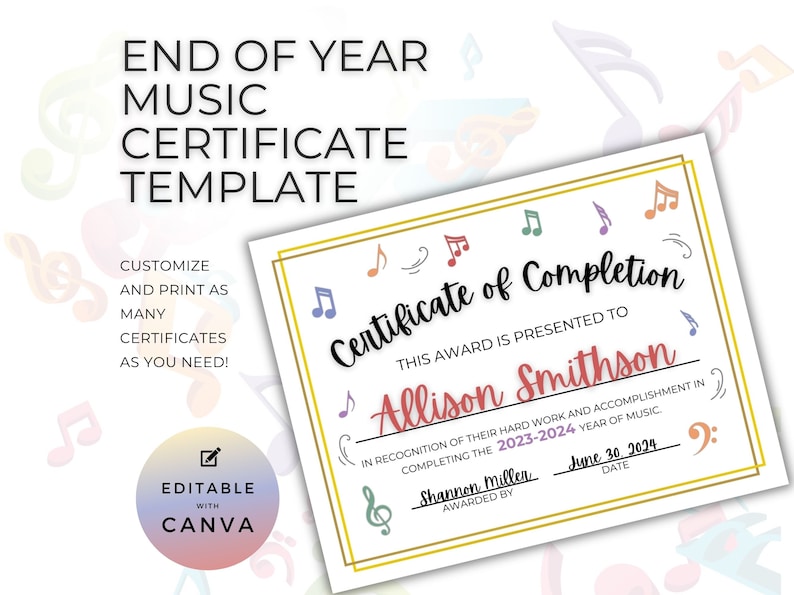 End of Year Music Certificate, Student Completion Achievement Award ...
