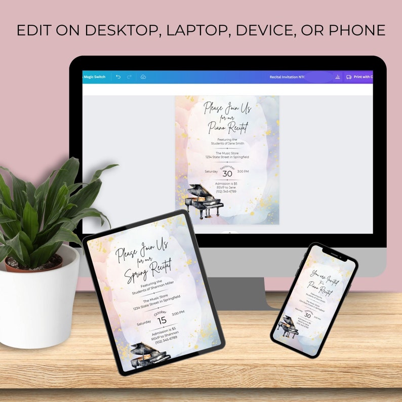 Piano Recital Digital Invitation, Text or Email, Editable Canva ...