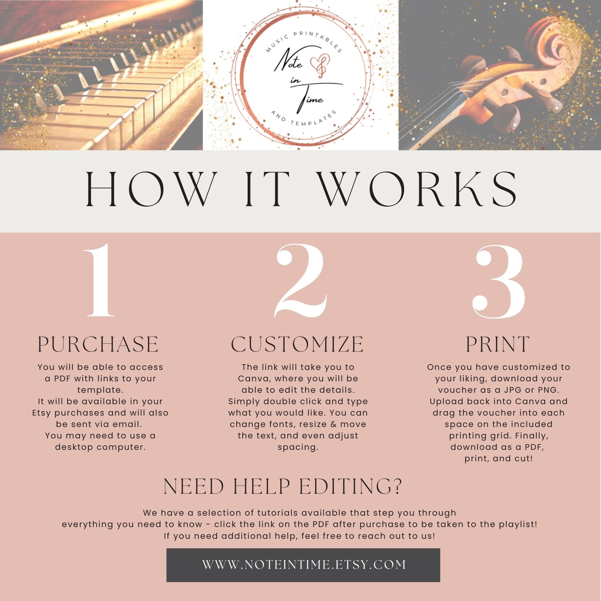 Piano Lessons Gift Voucher Template, Editable in Canva, Music ...