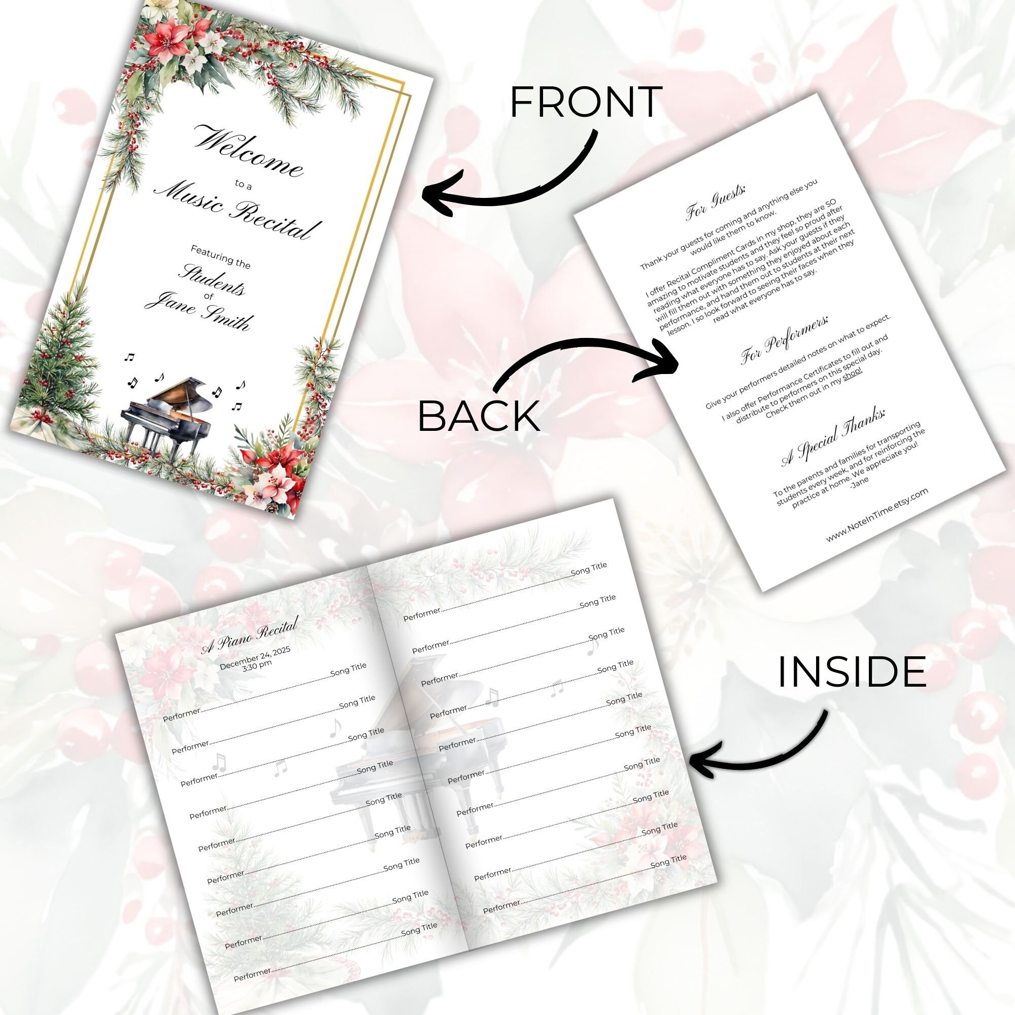 Piano Recital Program Christmas, Double Sided Folding Card, Canva ...