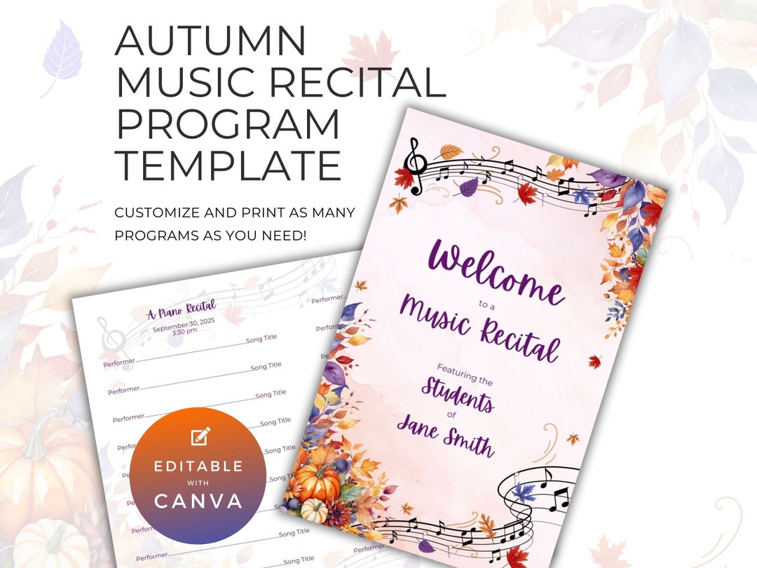 Piano Recital Program Template, Music Teacher Resource, Autumn Theme ...