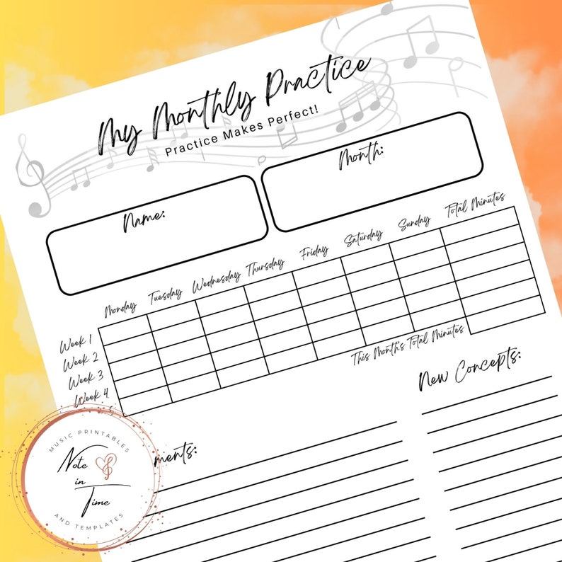 Music Practice Chart, Black and White, Monthly Practice Minutes, for ...