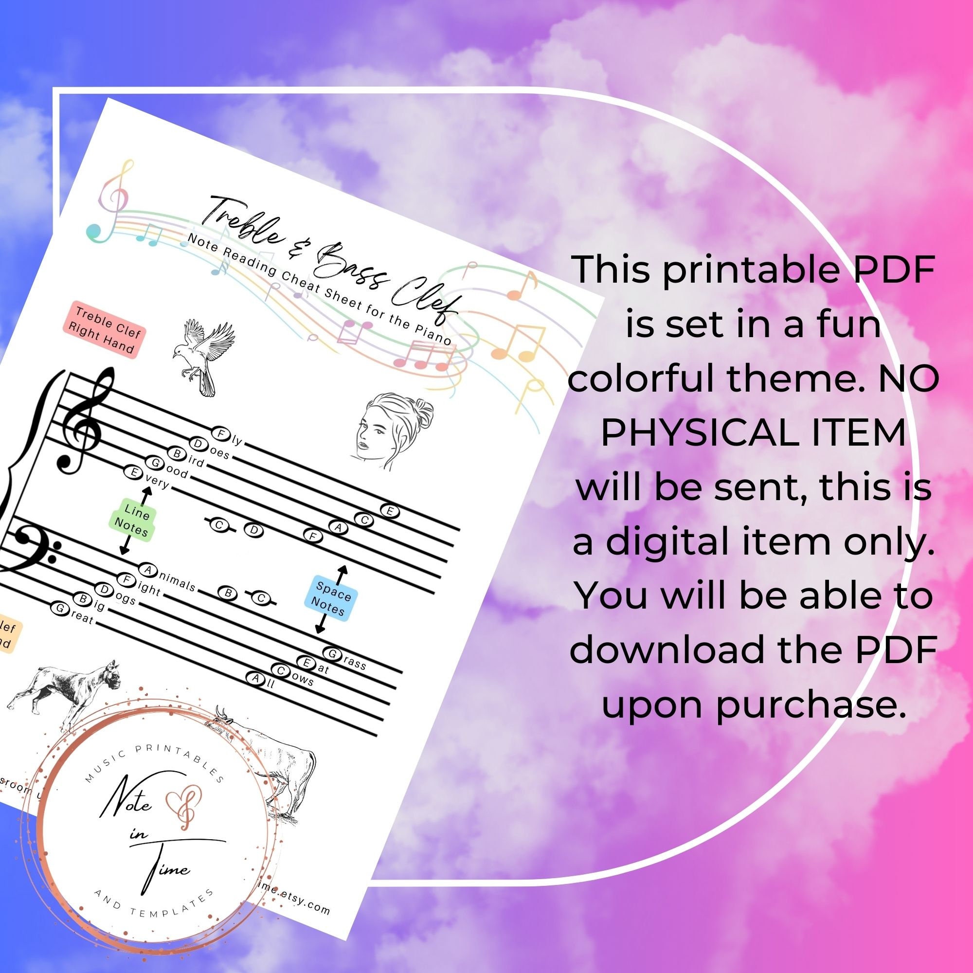 Piano Note Reading Chart, Grand Staff, Mnemonics for Treble and Bass ...