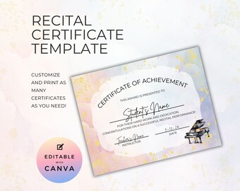 Music Recital Certificate, Student Achievement Award, Editable Canva ...