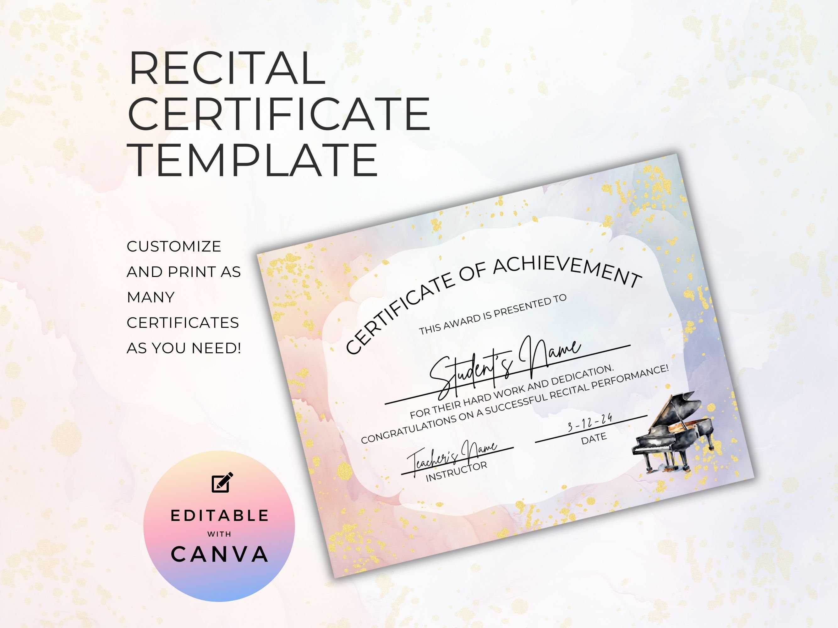 Music Recital Certificate, Piano Student Achievement Award, Editable ...
