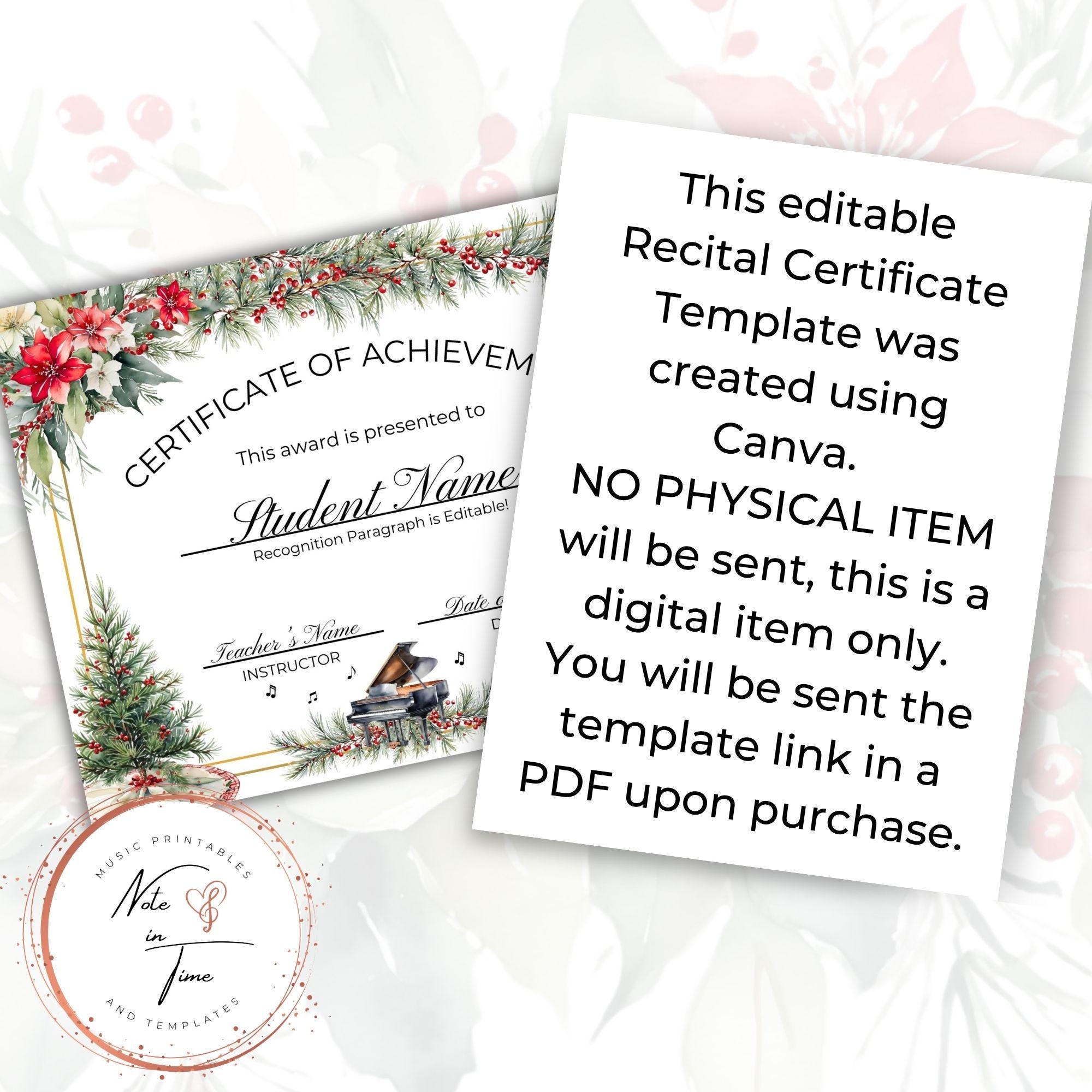 Piano Recital Certificate Christmas Template, Holiday Xmas Tree, for ...