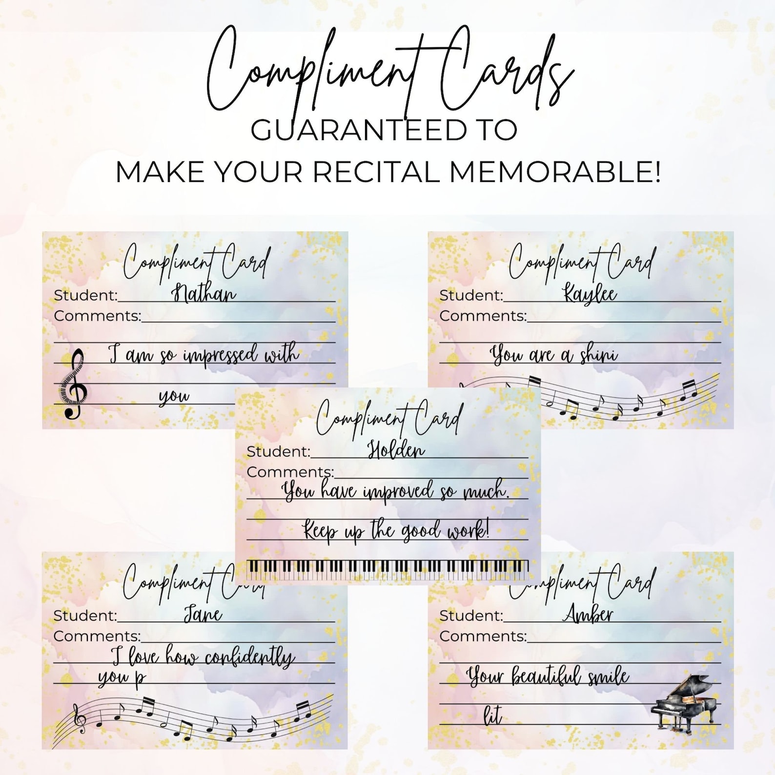 Compliment Cards for Music Recitals, Printable Piano Teacher Resource ...