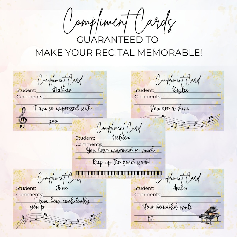 Compliment Cards for Music Recitals, Printable Piano Teacher Resource ...