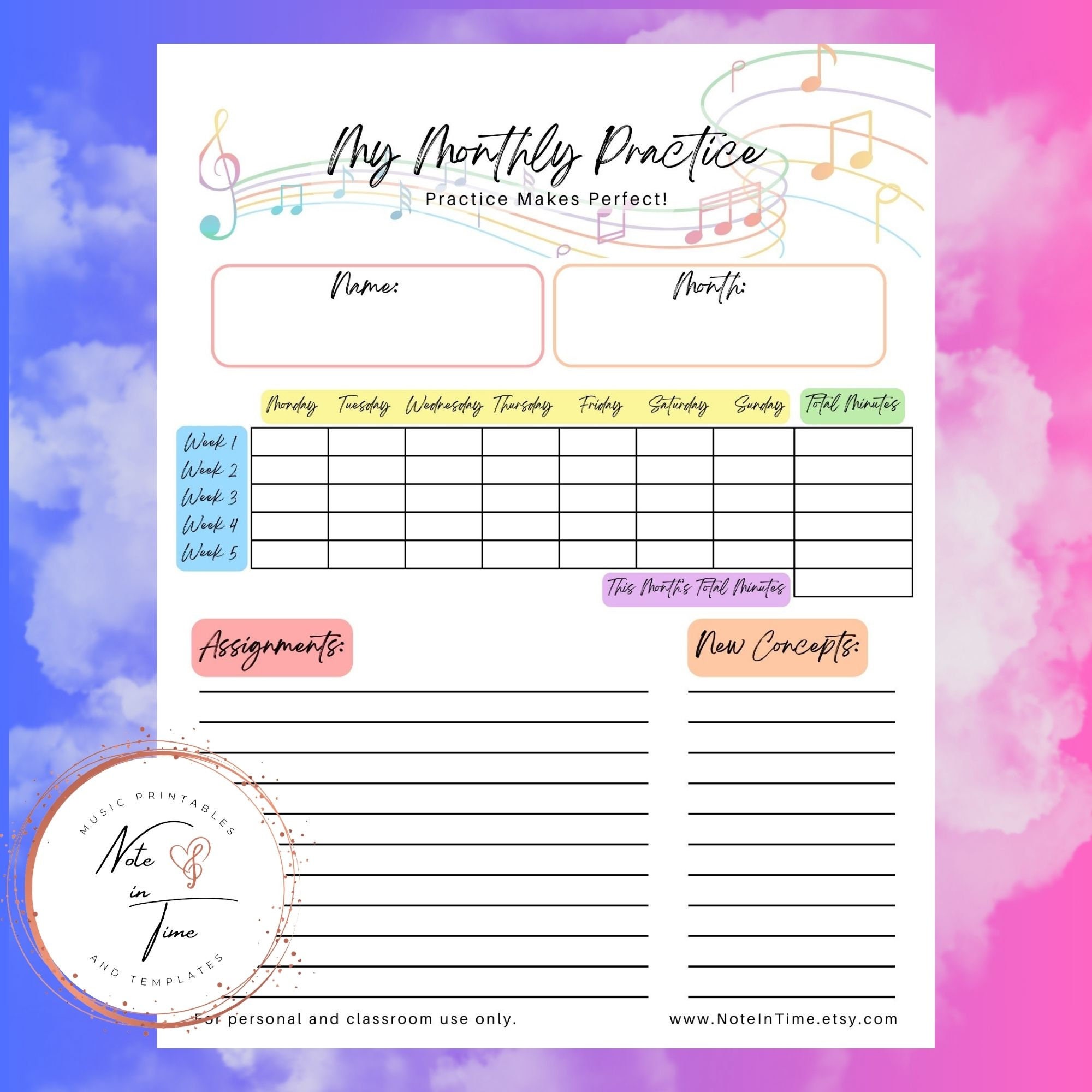 Music Practice Chart, Monthly Practice Minutes, for Piano, Orchestra or ...