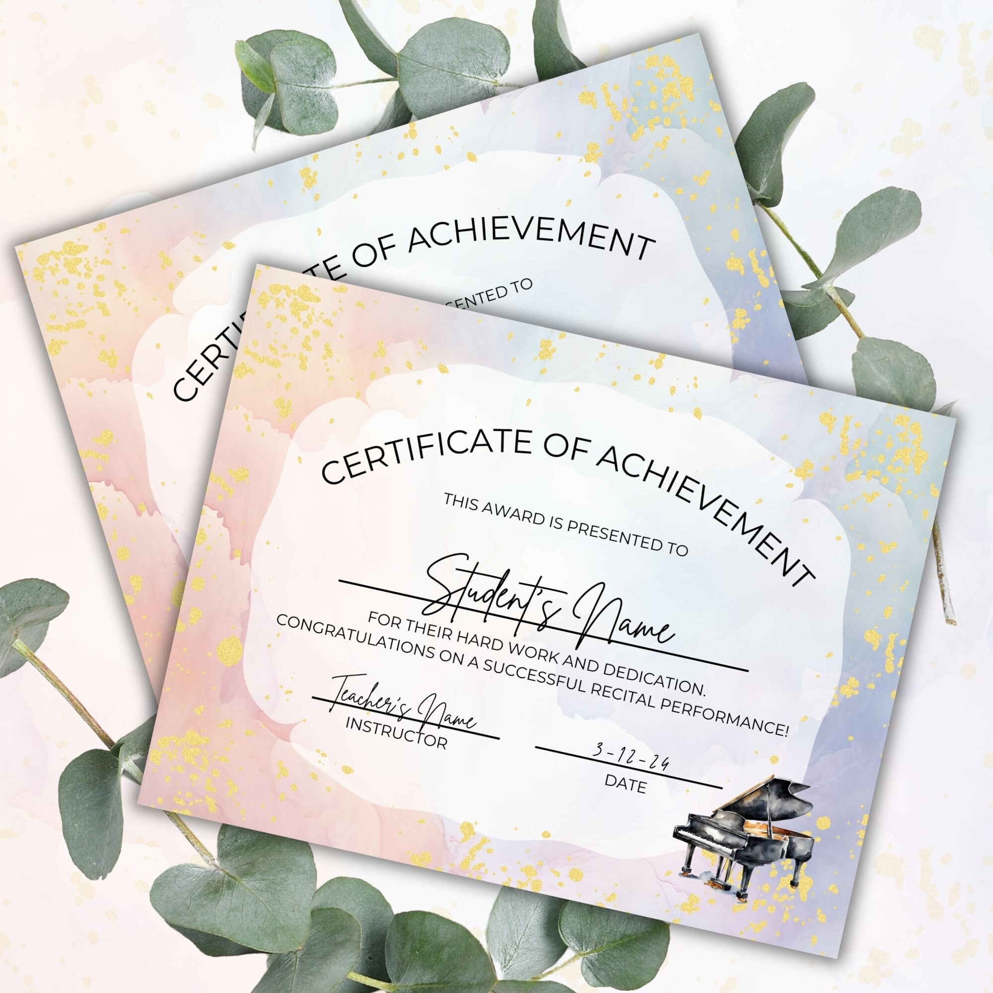Music Recital Certificate, Piano Student Achievement Award, Editable ...
