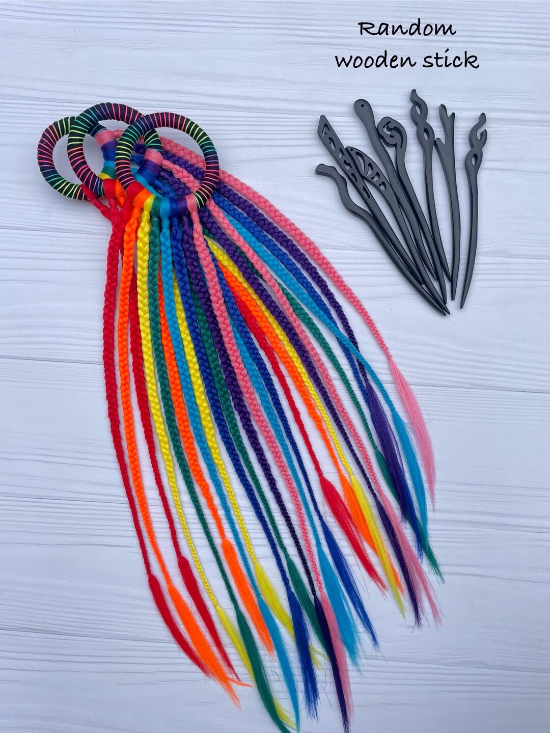 Rainbow Boho Braids Hair Accessory - Ring Barrette With Wooden Stick ...