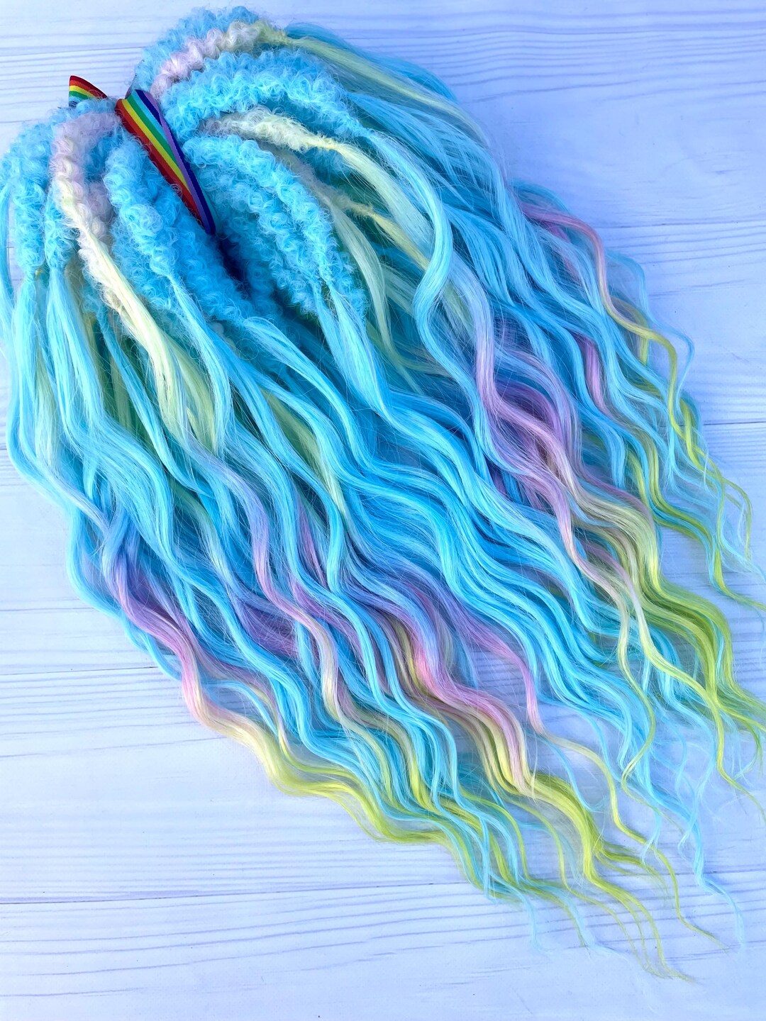 Rainbow Curly Double Ended Dreadlocks – Blue Boho Festival Hair ...