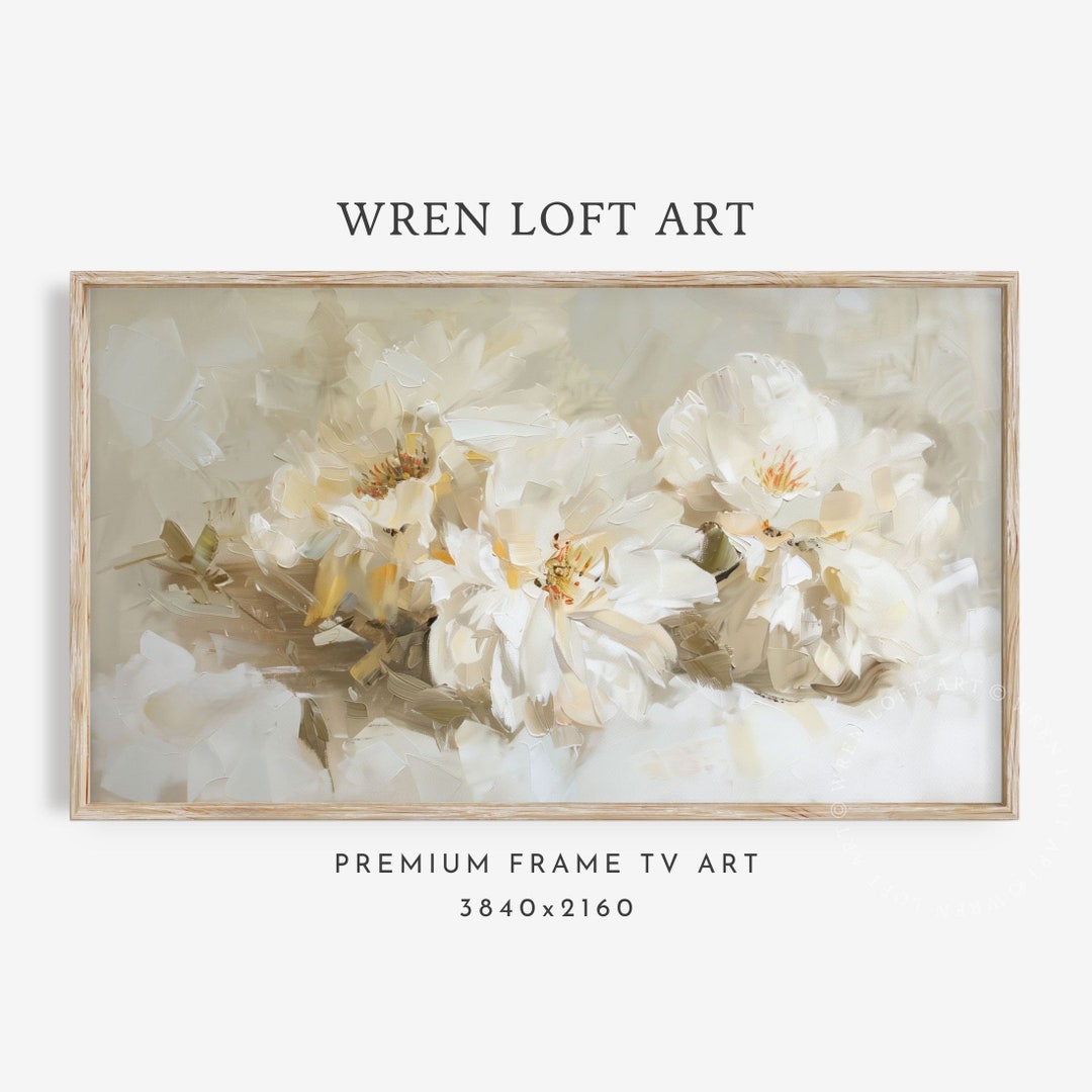 Vintage Style Summer Floral Frame Tv Art, White Still Life Soft Peony ...
