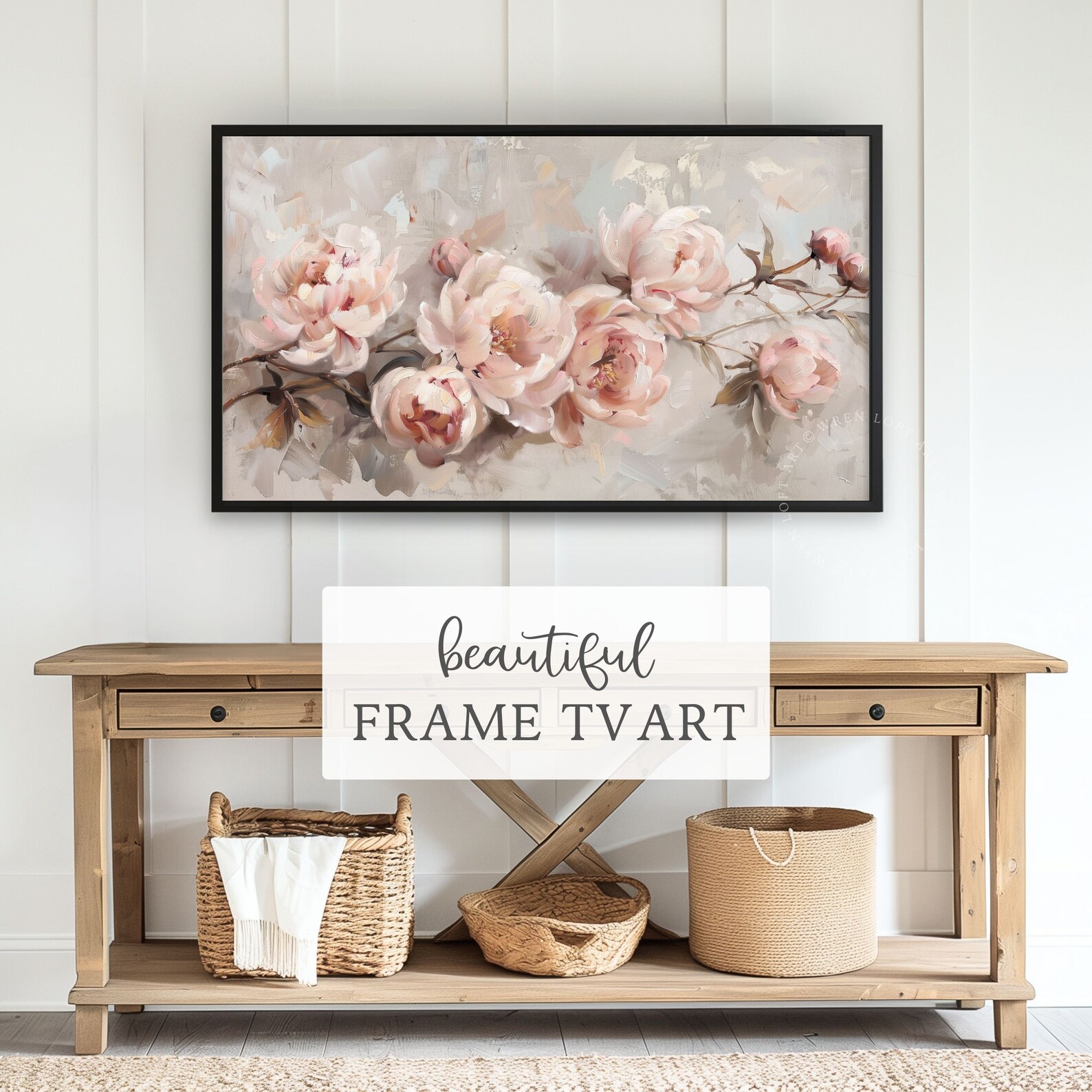 Pink Peony Flower Frame Tv Art Vintage Style Spring Floral Painting