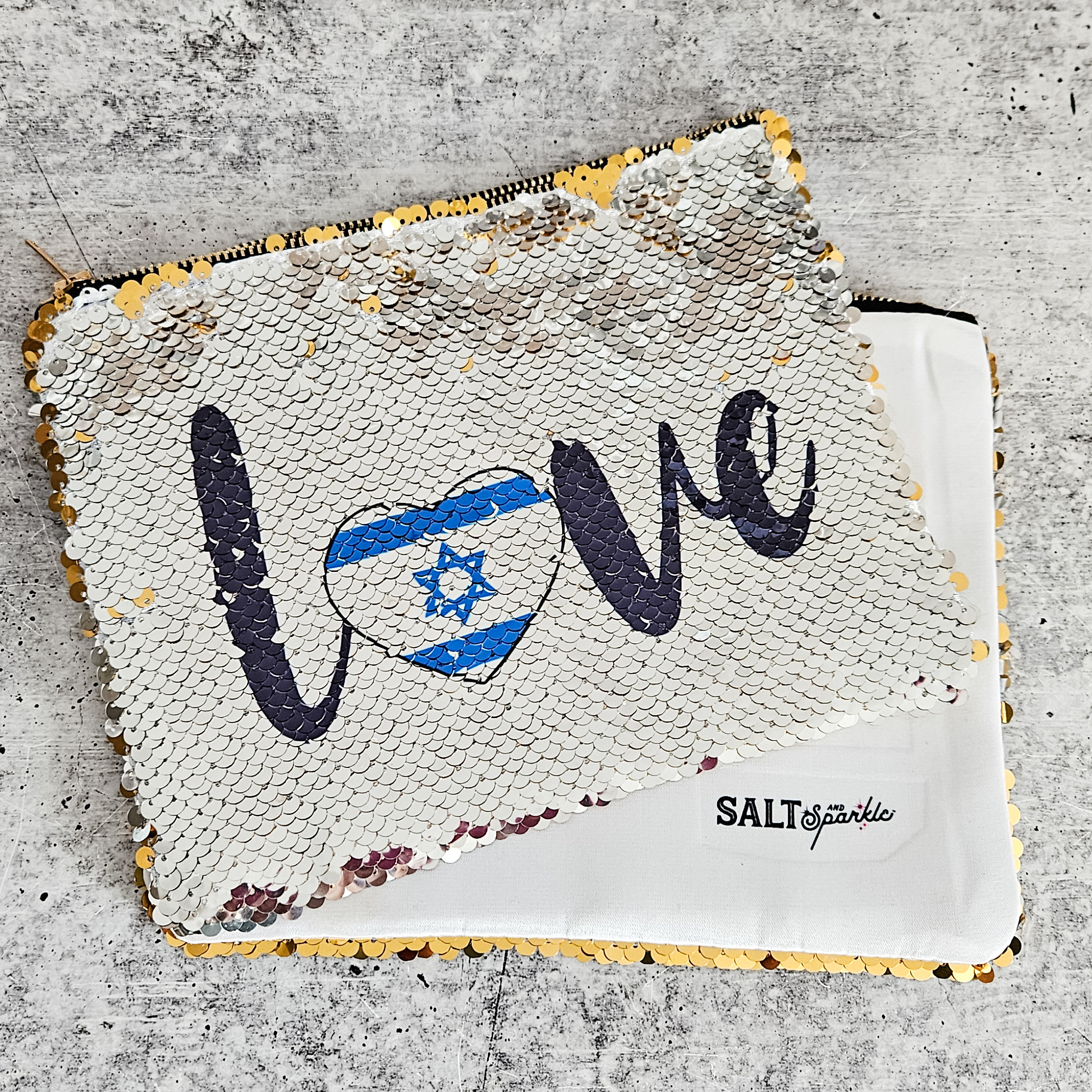 Love Israel Heart Flag Pouch | Sequined Secret Message Cosmetic Bag ...