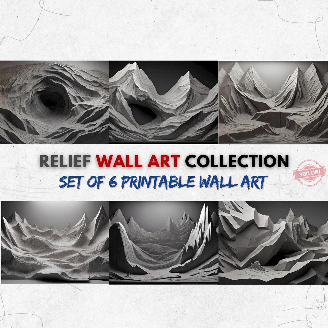 3D Relief Wall Art Set of 6 | Grayscale Textured Topographic Print Art ...