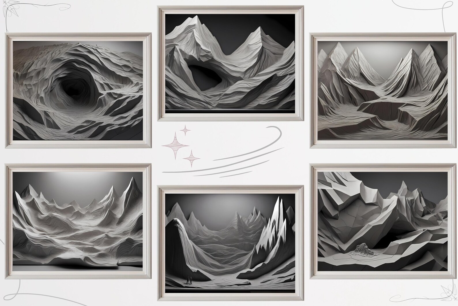 3D Relief Wall Art Set of 6 | Grayscale Textured Topographic Print Art ...