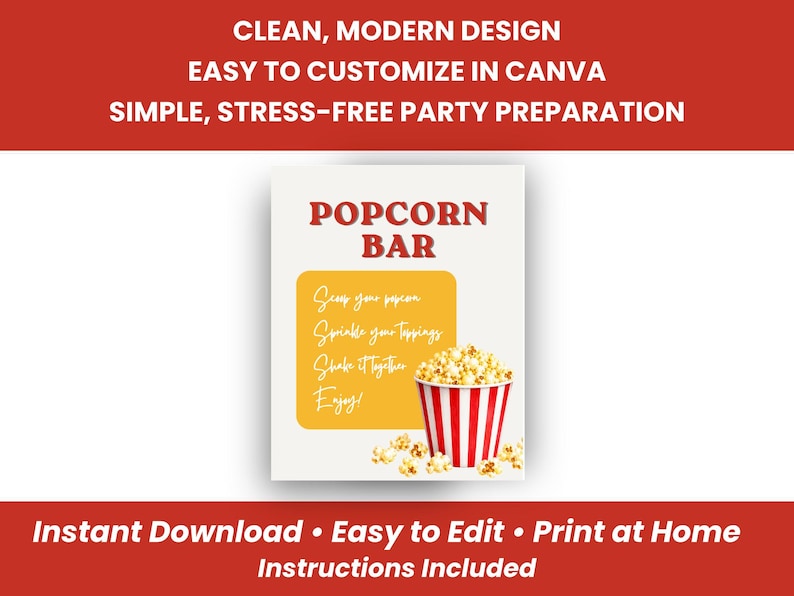 Editable Popcorn Bar Sign Template, Popcorn Station Sign, Printable ...