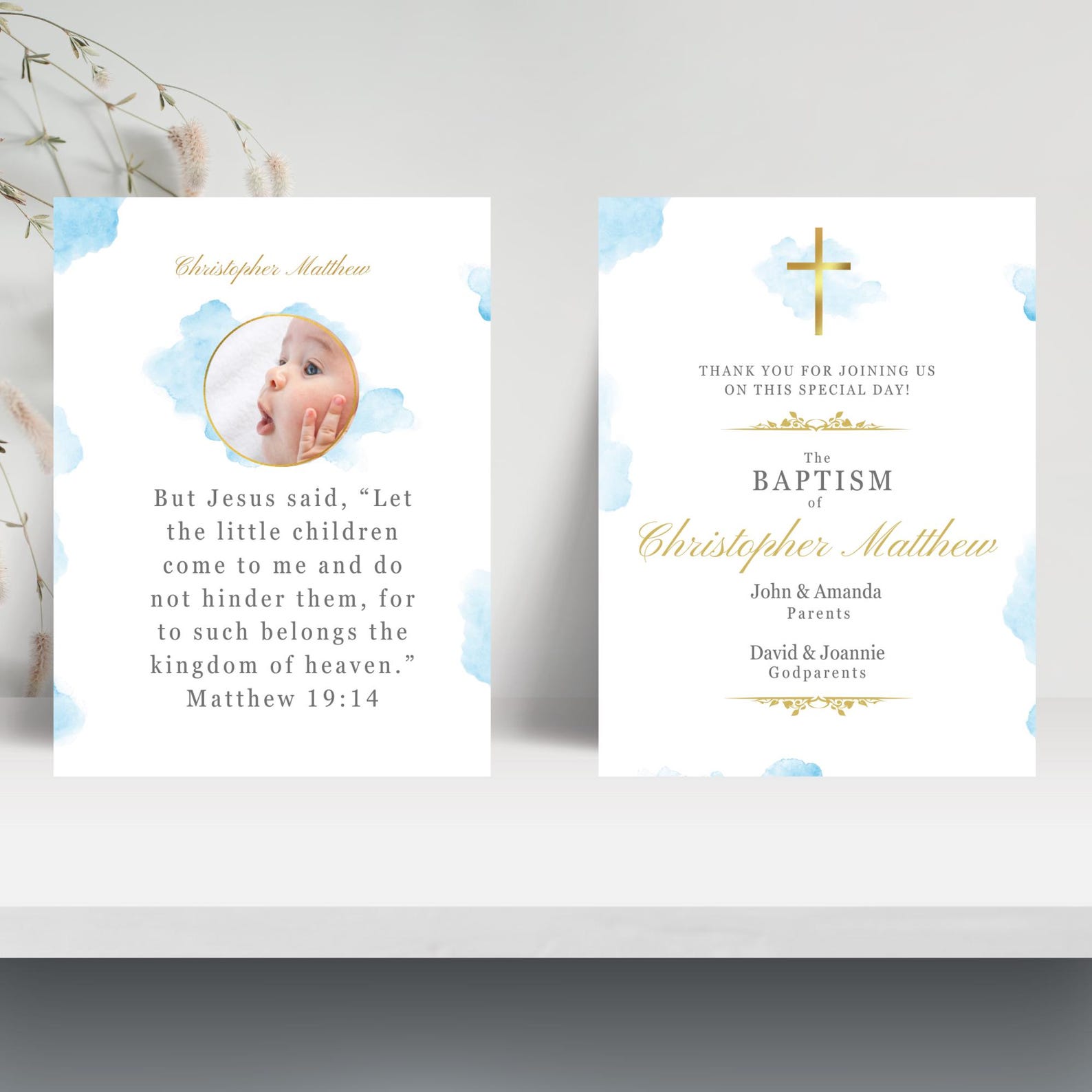 Blue Watercolor Prayer Card Keepsake Template, Printable Bookmark ...