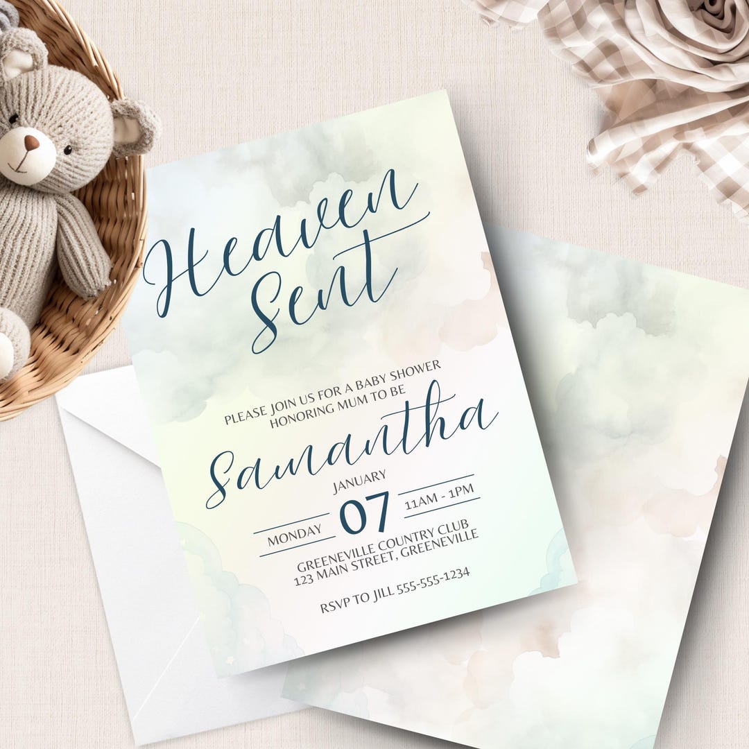 Rainbow Heaven Sent Baby Shower Invitation, Angelic Design ...