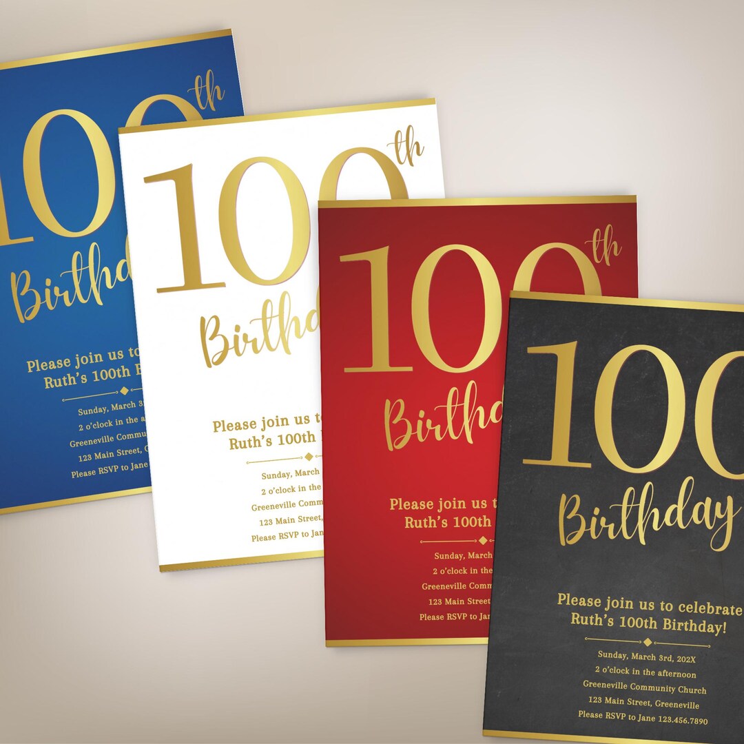 100th Birthday Invite Black and Gold Number Invitation Party Templates ...