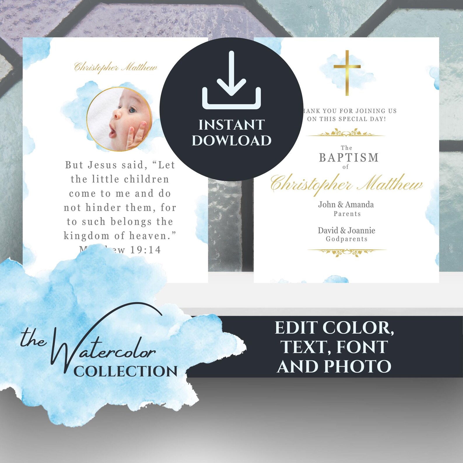 Blue Watercolor Prayer Card Keepsake Template, Printable Bookmark ...