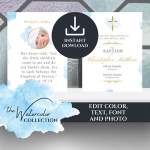 Blue Watercolor Prayer Card Keepsake Template, Printable Bookmark ...