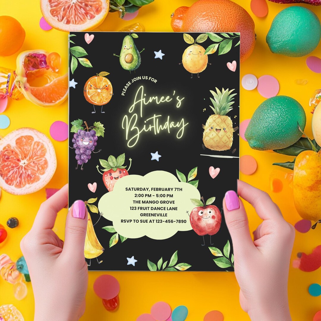Dancing Fruit Invitation, Neon Dance Party Invite, 5x7 A5 Bright ...