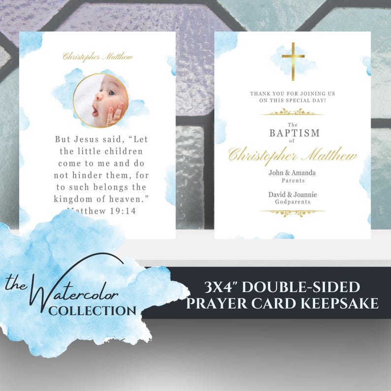 Blue Watercolor Prayer Card Keepsake Template, Printable Bookmark ...