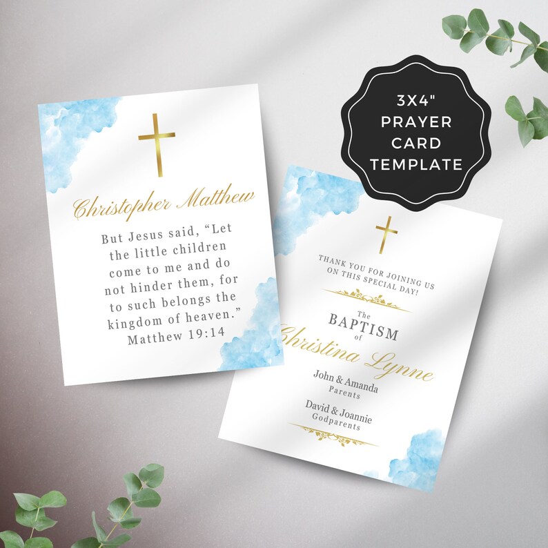 Blue Watercolor Prayer Card Keepsake Template Printable Bookmark ...