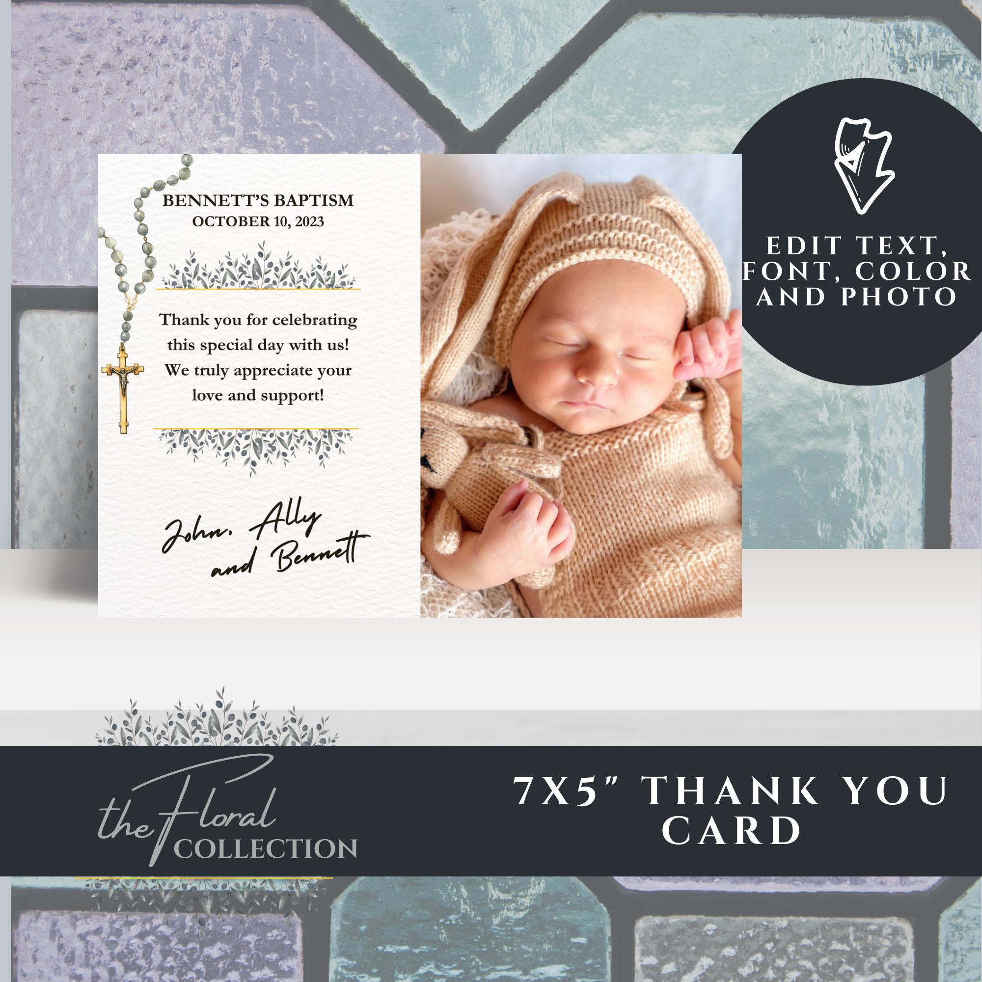 Rosary Baptism Thank You Card Template With Photo, Editable Printable ...