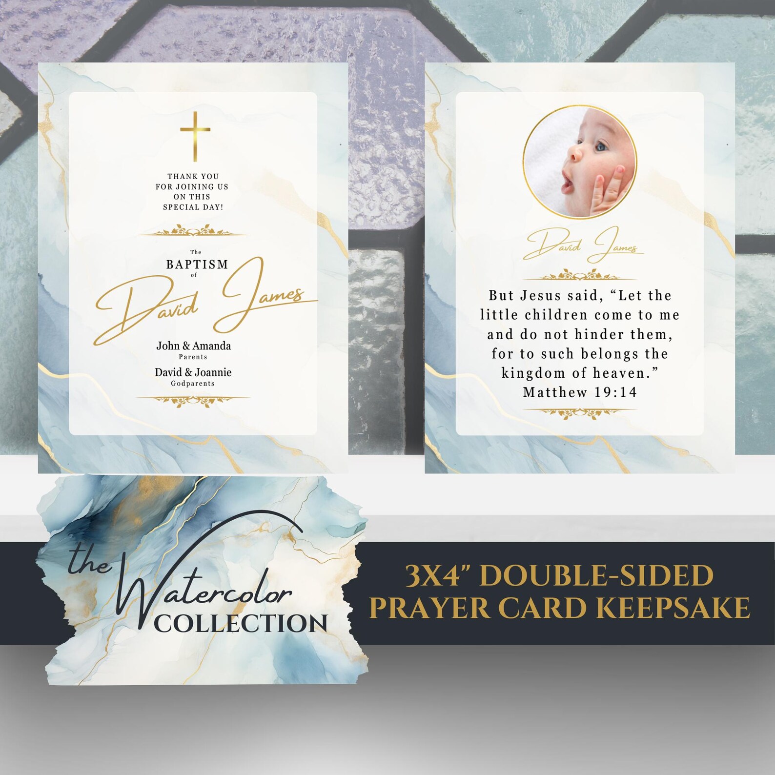 Blue Watercolor Prayer Card Keepsake Template, Printable Bookmark ...