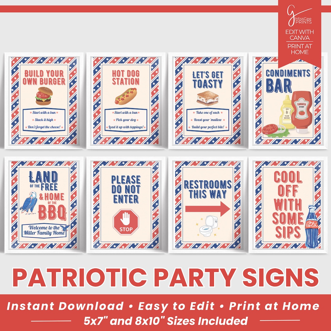4th of July BBQ Party Sign Kit: Patriotic Printable Decor (digital ...