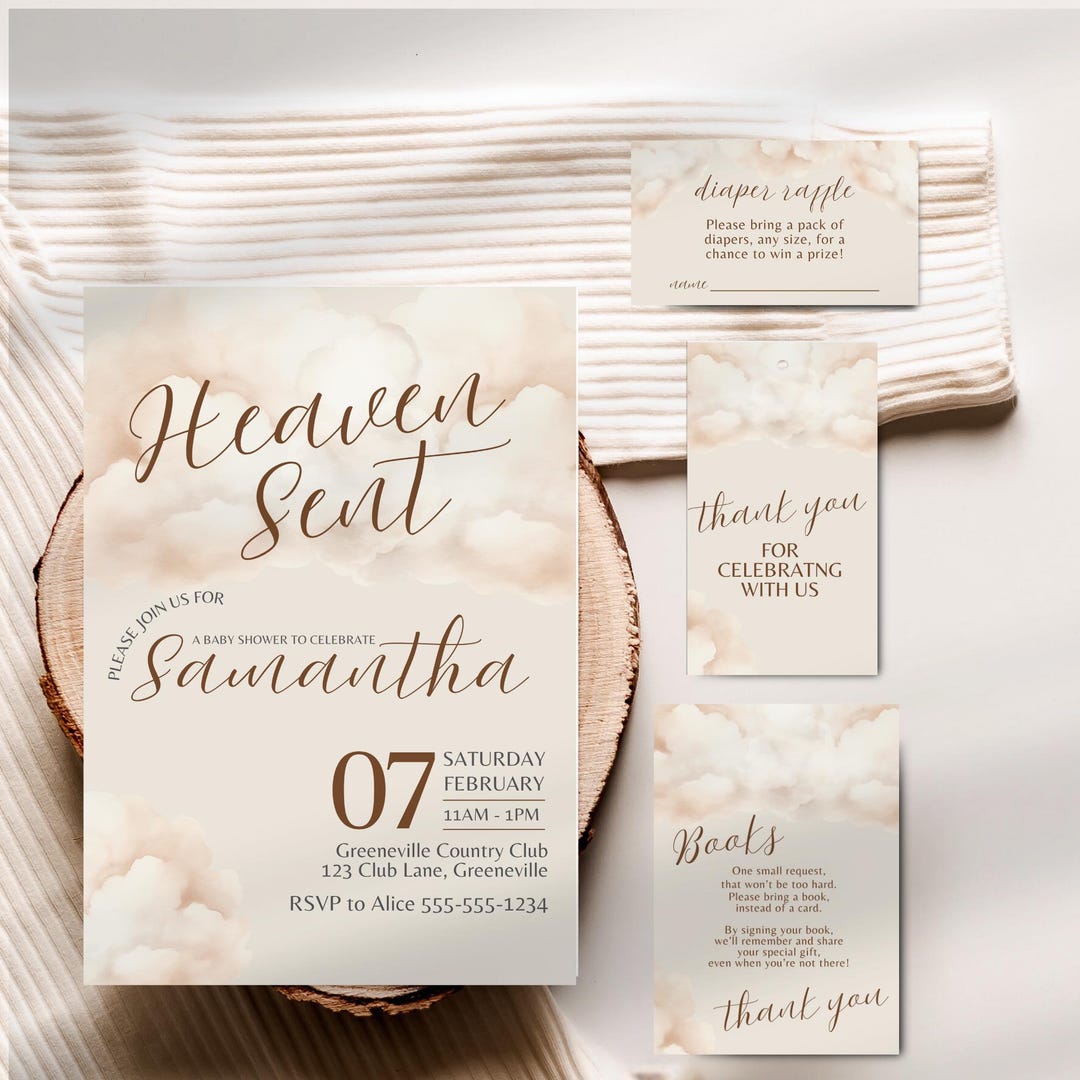Heaven Sent Baby Shower Printable Invitation Suite, Gender Neutral ...