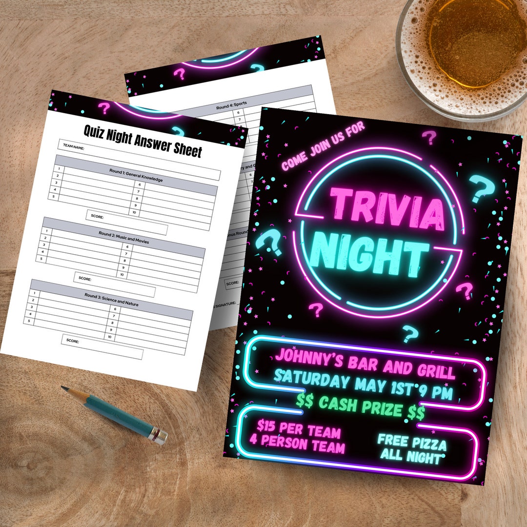 Trivia Night Invitation Printable Pub Quiz Flyer Editable Template ...