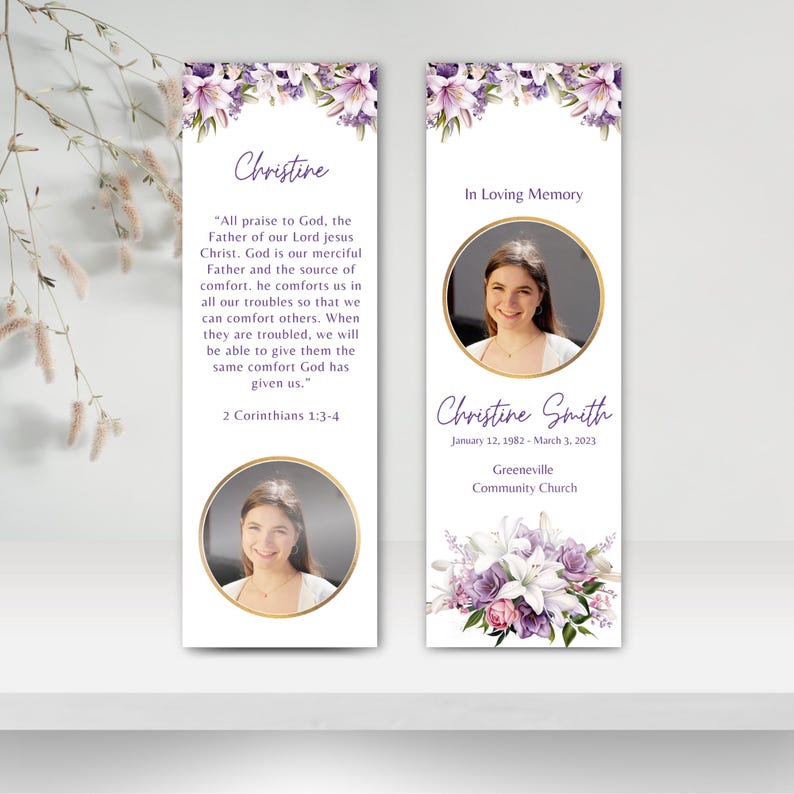 Printable Memorial Bookmark Template: Lavender Roses (digital Download ...