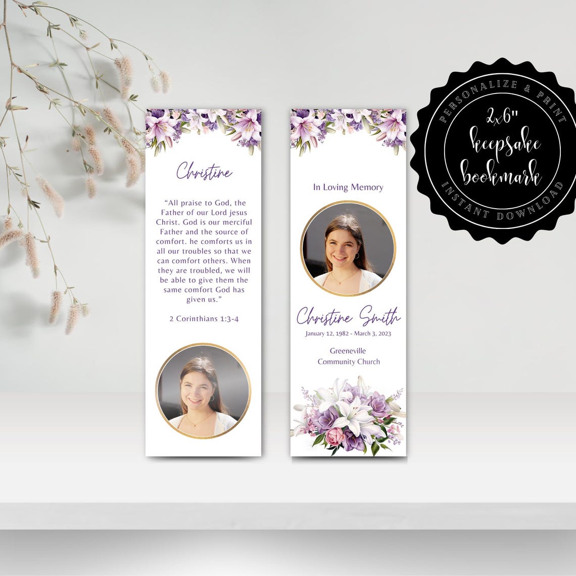 Printable Memorial Bookmark Template, Custom Butterfly Funeral Service ...