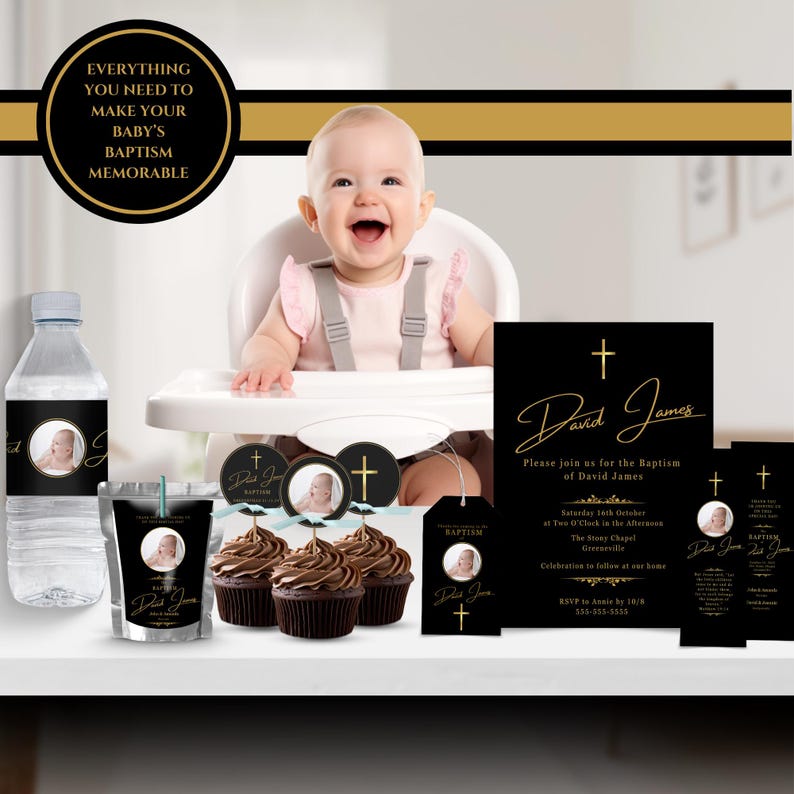 Elegant Baptism Bundle, Black and Gold Christening Party Supplies, Simple Gold Baptism Decor ...